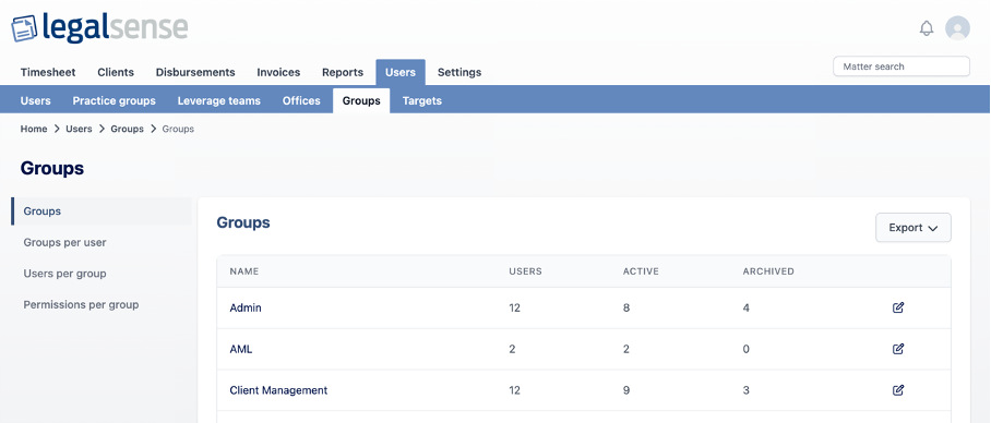 Default permission groups in Legalsense – Legalsense